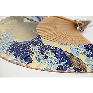 OMyTea® Landscape 8.27"(21cm) Folding Hand Held Fan - with a Fabric Sleeve for Protection for Gifts - Japanese Vintage Retro Style (Kanagawa Sea Waves)