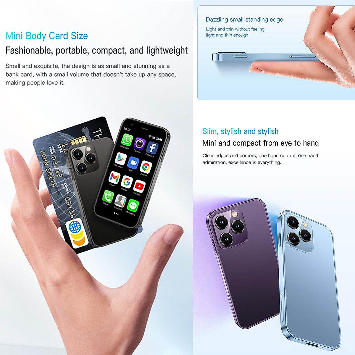 SOYES XS15 Mini Smartphone 3.0 Inch 3G WCDMA MTK6580 Quad Core Android 8.1 Mobile Phone WiFi GPS 2GB RAM 16GB ROM Dual Sim Google Play Cute Card Cellphone (Blue)