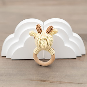 KawaiOnO Handmade Cotton Crochet Amigurumi Giraffe Rattler with Wooden Handle - Perfect Baby Stuff for Learning and Fun, Ideal Stuffed Animals for Infants, Toddlers - Unique Baby Boy Stuff