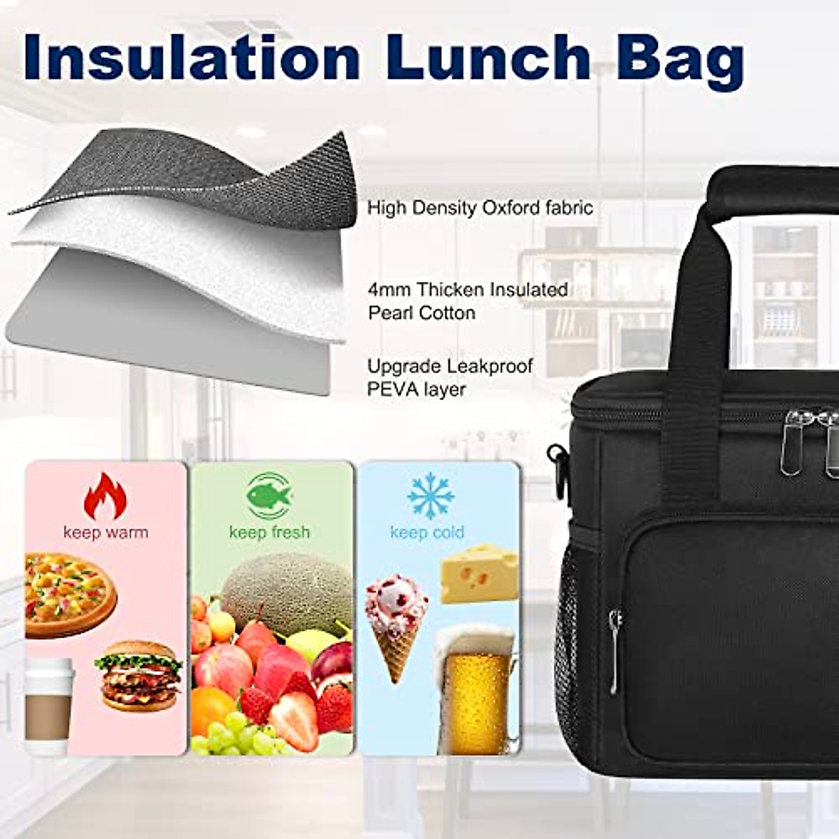 Deosk Lunch Box for Men/Women,Insulated Lunch Bag Cooler Bag,Leak-Proof Large Beach Cooler Adult Lunch Box for Work/Picnic/Travel(M-black)
