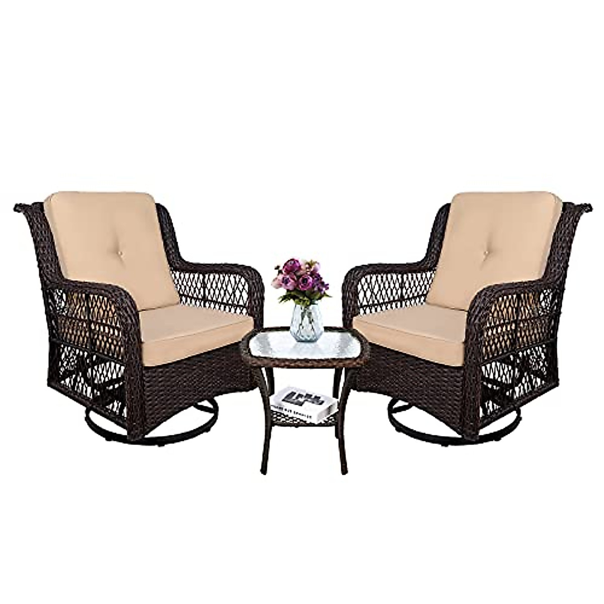 MEETWARM 3-Piece Patio Wicker Conversation Bistro Set Cushioned, Outdoor Swivel Rocking Chairs Rattan Furniture Sets with Thickened Cushion and Glass-Top Coffee Table (Beige)