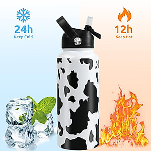 OINSOES 32oz Cow Print Insulated Sports Water Bottle - Leakproof and BPA Free Stainless Steel Thermos with Straw & Spout Lids for Hot & Cold Drinks - Double Walled Vacuum Cup Jug - Perfect Gifts