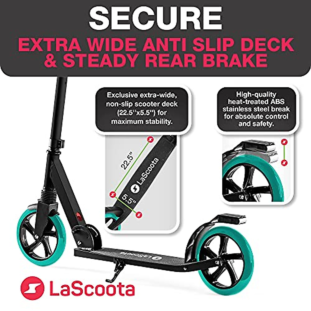 LaScoota Kick Scooter for Adults & Teens. Perfect for Youth 12 Years and Up and Men & Women Lightweight Foldable Adult Scooter with Large 8” Wheels 220lbs