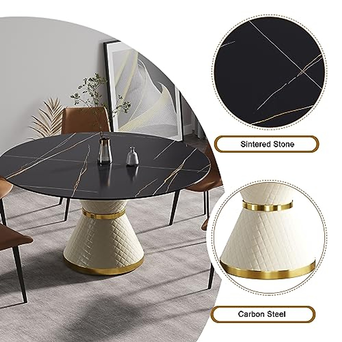 Modern 59" Marble Dining Table, Multifuntional Round Table for 6, Black Sintered Stone Tabletop Dining Table with Carbon Steel Base, Dining Room Table for Kitchen Reception Room, Black Top&White Legs