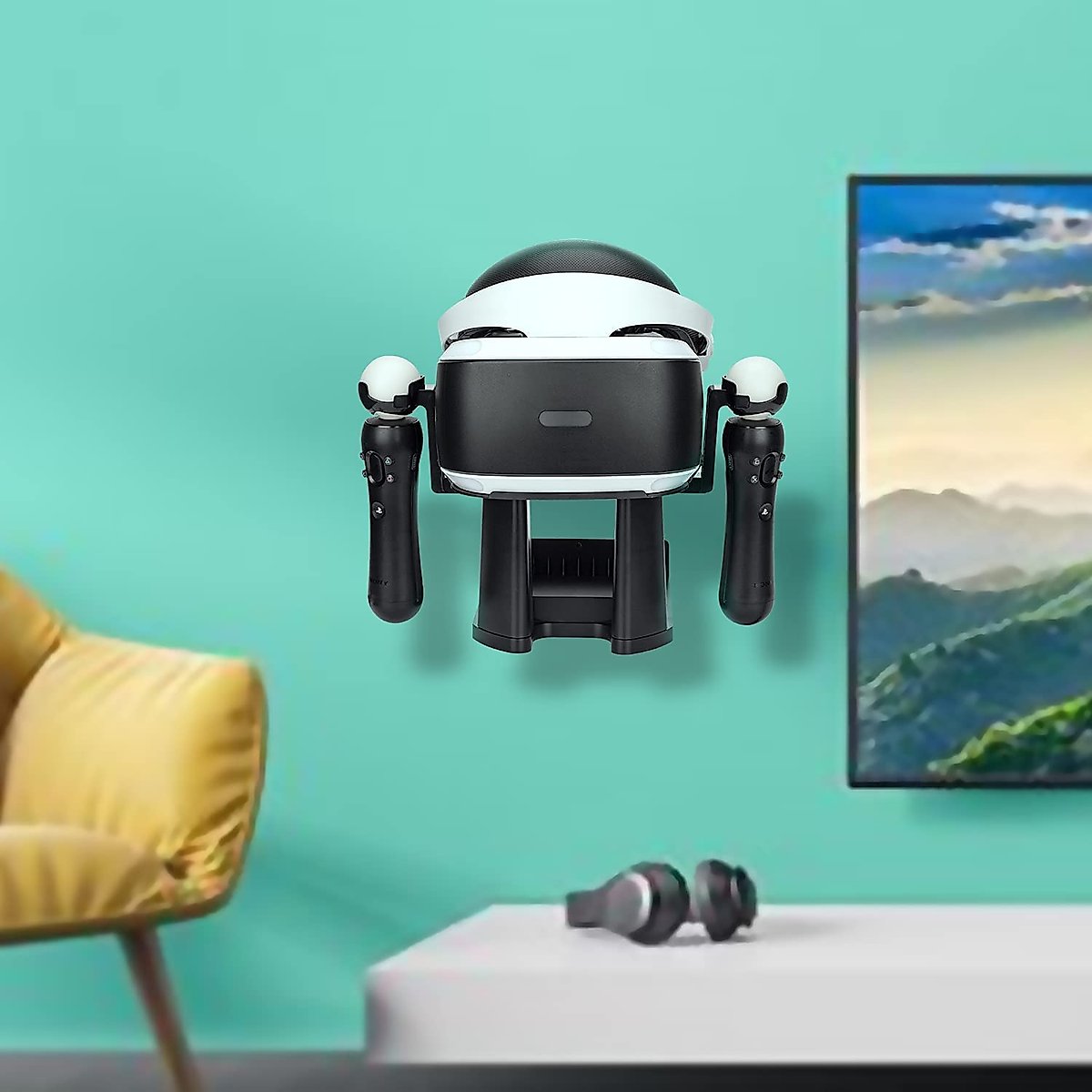 Wabracket 5 in 1 VR Stand,Wall Mount/Desk Bracket Kit for Oculus Quest 2/RIFT/GO/PS VR/HTC Vive,Headset and Controller Holder,Cable Management（Black