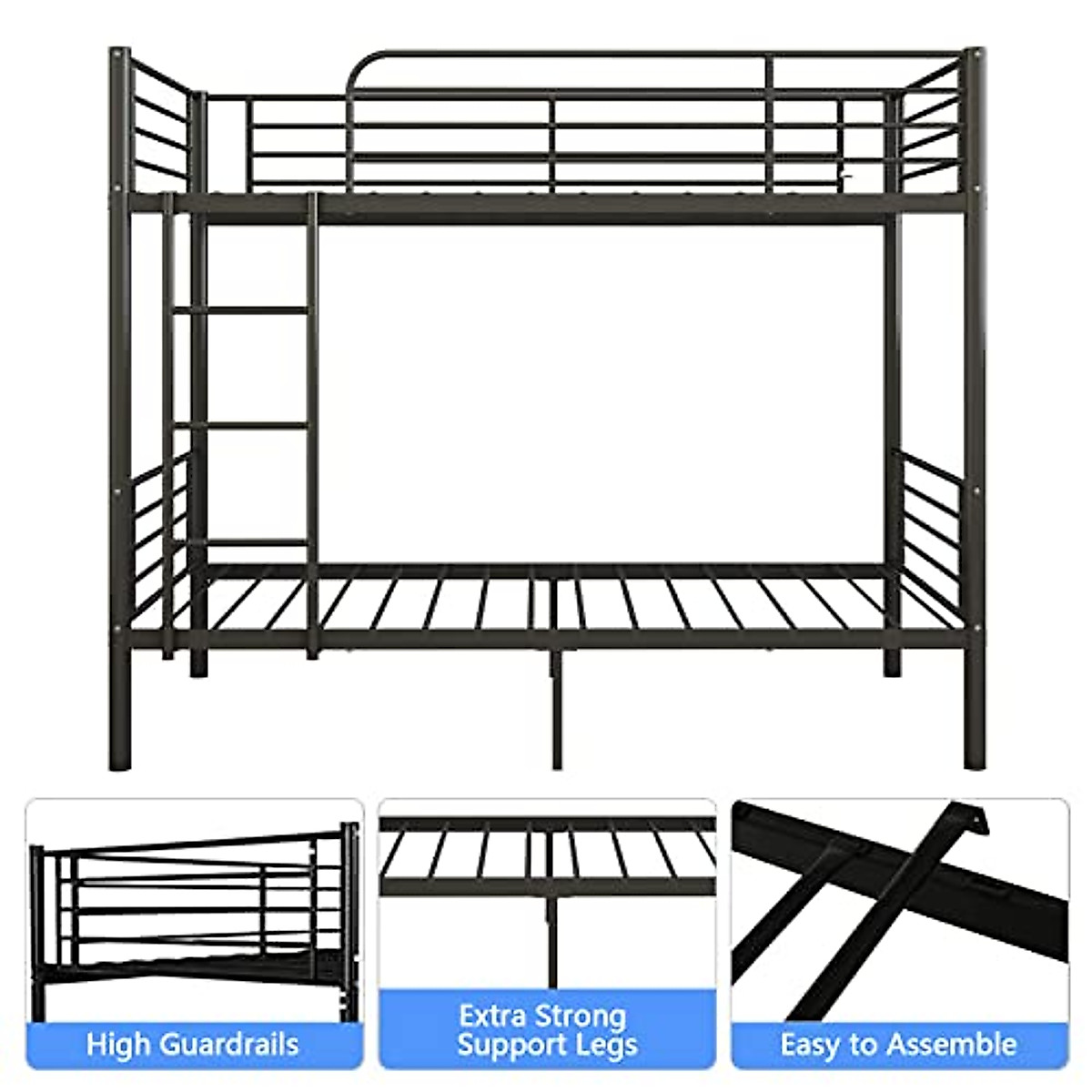 Alohappy Metal Bunk Bed Twin Over Twin, Twin Bunk Beds with Removable Ladder and Safety Guard Rail, 13.8” Under Bed Storage Space, No Box Spring Needed, Easy to Climb, Industrial Style(Black)