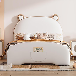 Harper & Bright Designs Twin Size Upholstered Platform Bed Frame with Bear-Shaped Headboard and Footboard for Boys Girls Kids Toddler,Brown+White (White5)