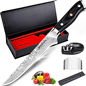 MOSFiATA 6" Boning Knife, Sharp Kitchen Cooking Knife with Finger Guard and Knife Sharpener, German High Carbon Stainless Steel EN1.4116 Chef’s Knife with Micarta Handle and Gift Box