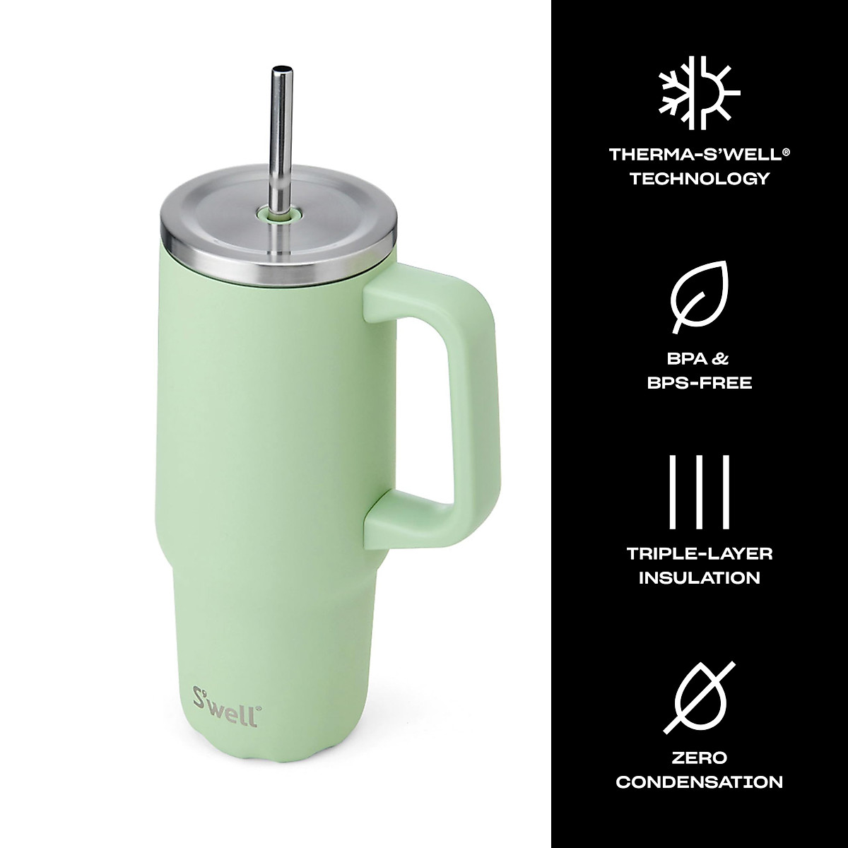 S'well Recycled Stainless Steel Tumbler XL with Straw and Handle, 30oz, Pistachio, Triple Layered Vacuum Insulated Containers Keeps Drinks Cold for 36 hours and Hot for 9