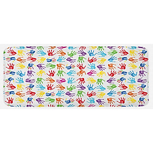 Ambesonne Colorful Kitchen Mat, Human Handprint Watercolor Paint Effect Open Palms Collage Art Work Print, Plush Decorative Kitchen Mat with Non Slip Backing, 47" X 19", Azure Blue