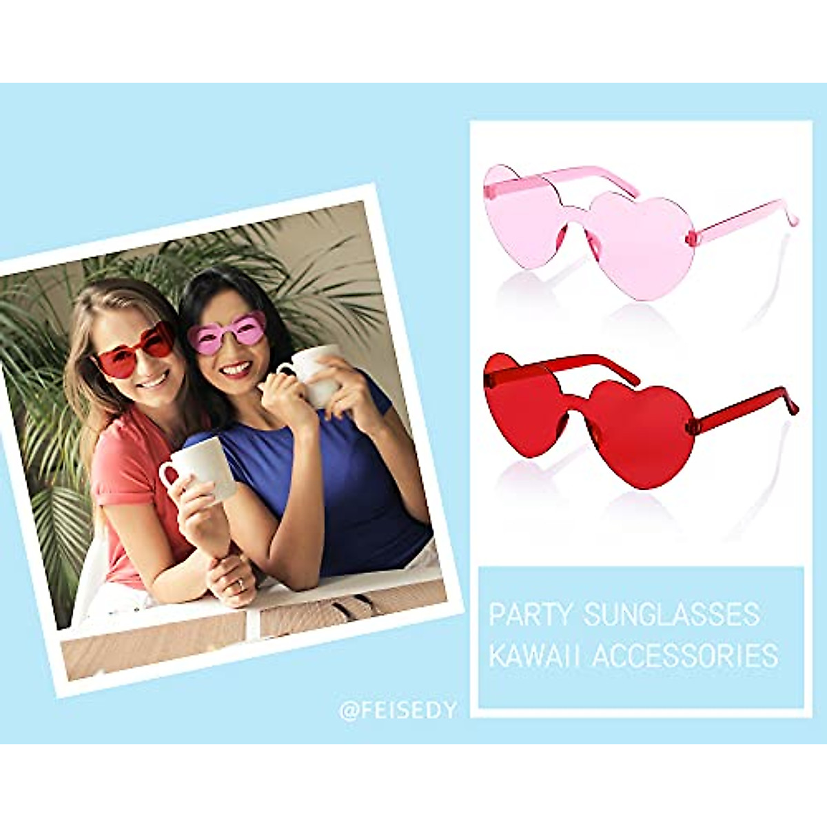 FEISEDY 2 Pack Rimless Heart Shaped Sunglasses Party Glasses Disco One Piece Transparent Trendy Love Glasses B2826-F2