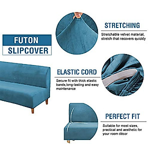H.VERSAILTEX Real Velvet Futon Cover Armless Sofa Covers Sofa Bed Covers Stretch Futon Couch Cover Sofa Slipcover Furniture Protector Thick Soft Velvet Fabric Form Fitted Stay in Place, Peacock Blue