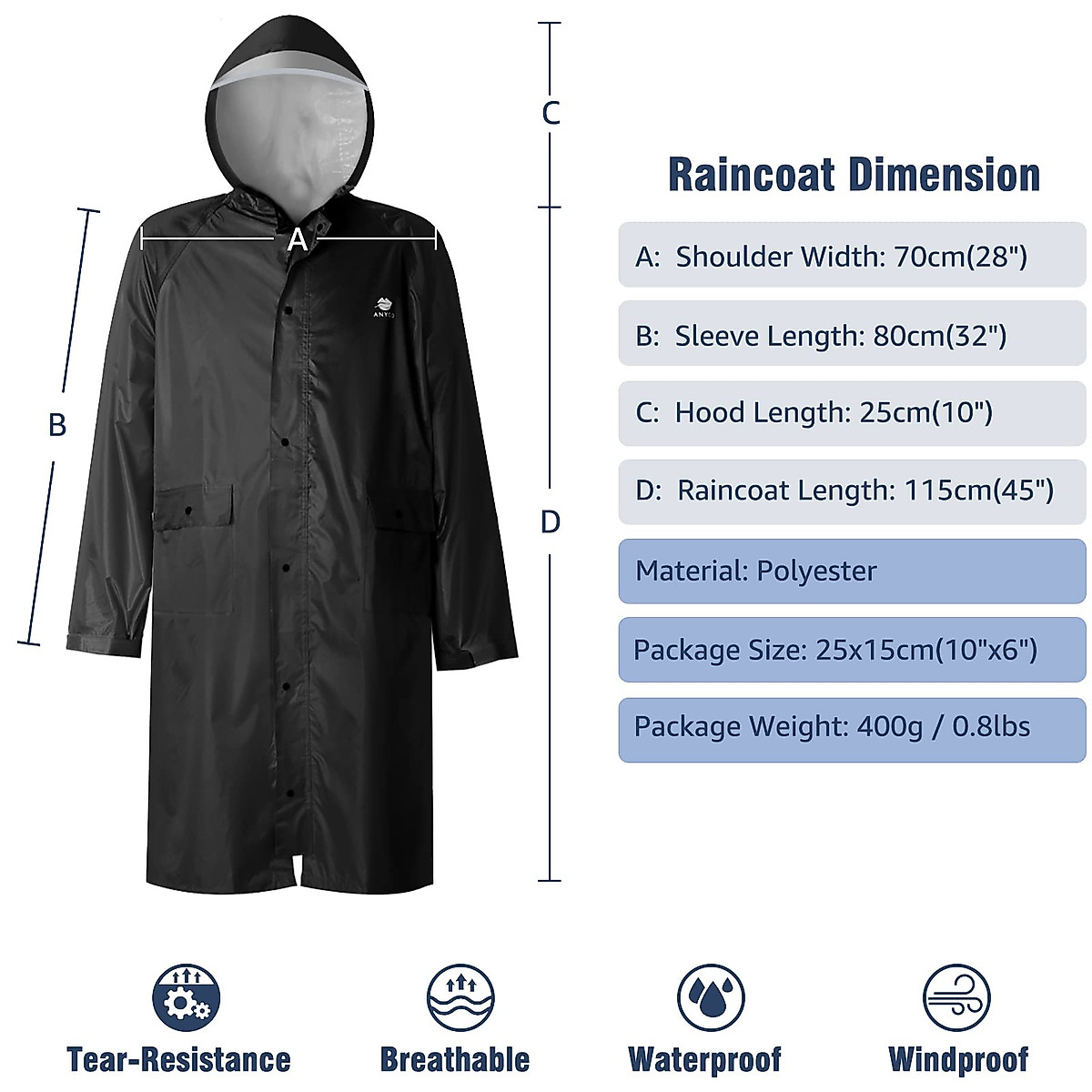 Anyoo Hood Rain Poncho Waterproof Lightweight Raincoat for Men Women Adult with Pocket for Hiking Camping Outdoor Activities