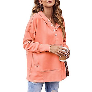 LaLaLa Women Casual Button V Neck Sweatshirt Oversized Pullover Hooded Tops with Pockets Orange