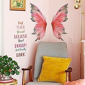 Pinenjoy Pink Butterfly Quotes Wall Decal Think Believe Dream Dare Inspirational Saying Wall Stickers Self-Adhesive Vinyl Wall Decor for Women Girls Bedroom Living Room Nursery