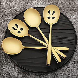 Stainless Steel Serving Spoon x 3, Slotted Serving Spoon x 3, 9.14 Inches Large Serving Utensils Set of 6 for Catering, Dishwasher Safe (Gold)