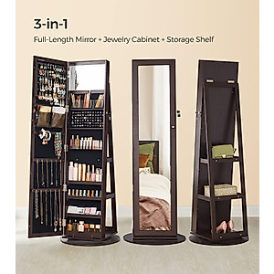 SONGMICS 360° Swivel Jewelry Cabinet, Lockable Jewelry Organizer with Full-Length Mirror, Rear Storage Shelves, Interior Mirror, Jewelry Armoire, Gift Idea, Brown UJJC006R01