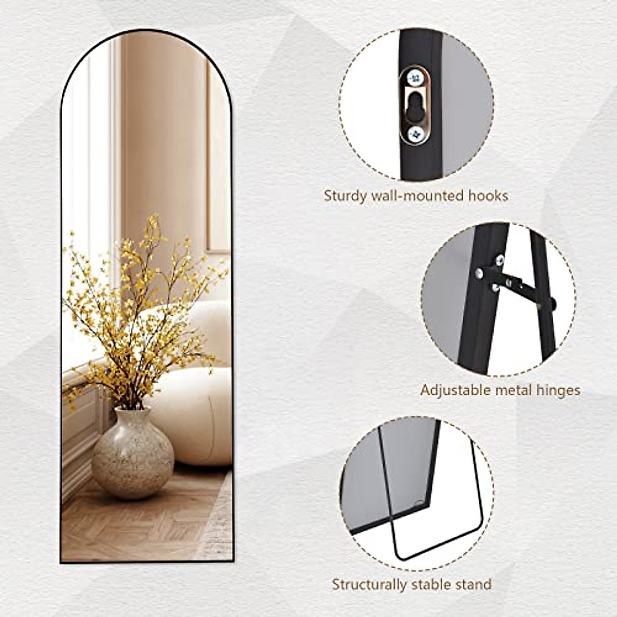 NUTTUTO 64"×21" Arched Floor Full Length Mirror with Black Aluminum Alloy Frame, Full Length Body Mirror Free-Standing or Leaning Against Wall for Bedroom Living Room