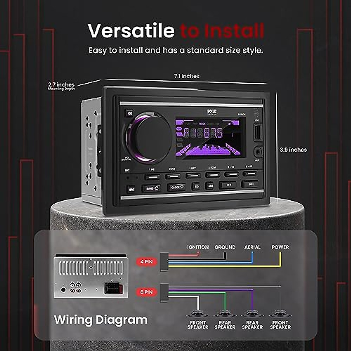 Pyle Boat Bluetooth Marine Stereo Receiver-Marine Head Unit Double DIN Stereo Receiver Power Amplifier-Hands-Free Calling,LCD,AM/FM/MP3/BT/USB/AUX-Remote Control,Wiring Harness-Pyle PLR2DN