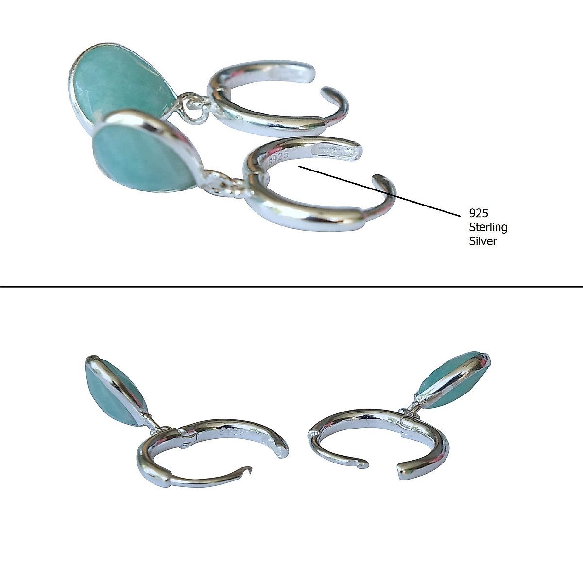 Handmade Silver Small 12MM Hoop Earrings & Pear Shape 9x9mm Amazonite Gemstone Charm, 925 Sterling Silver, Pair of Small Elegant Dainty Hoops for Women, By Miya Jewelry Creations