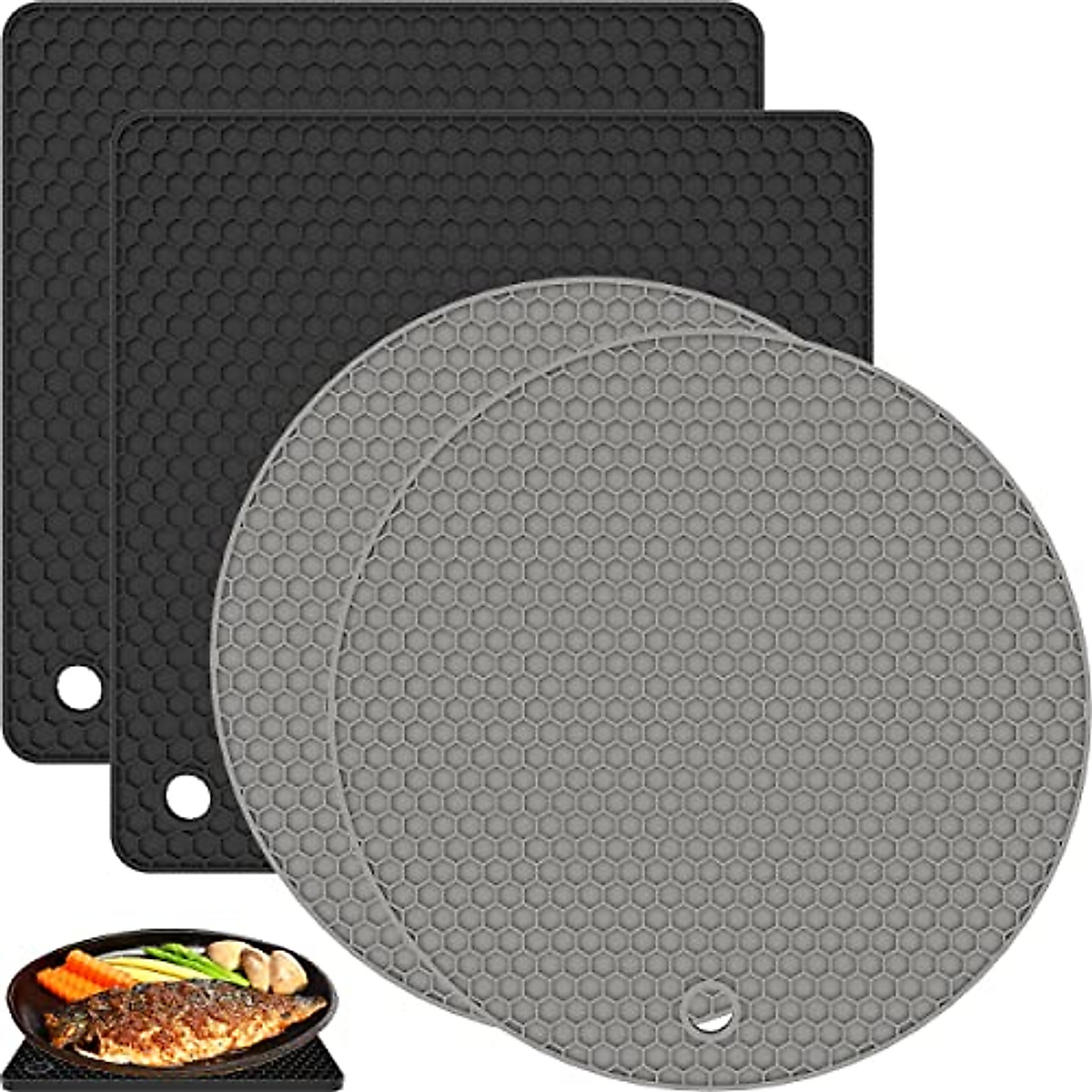 Y6S 4Pcs Silicone Trivet Mats Anti-Slip Square Round Hot Pads Heat-Resistant Hot Holders Spoon Dishes Rest Pad Easy to Wash and Dry BPA Free Dishwasher Safe for Kitchen Counter Y6S(Black and Gray)