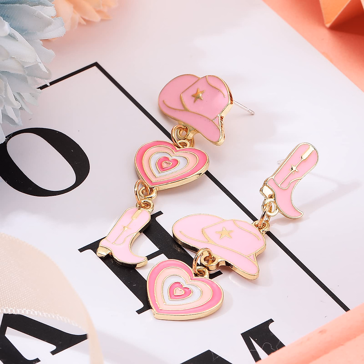 2 Pairs Cowboy Hat Earrings Cowgirl Earrings Western Jewelry Cowboy Boot Earrings Cute Jewelry Pink Heart Dangle Drop Cowgirl Jewelry Valentine's Day Gift for Women Girls Disco Country Party