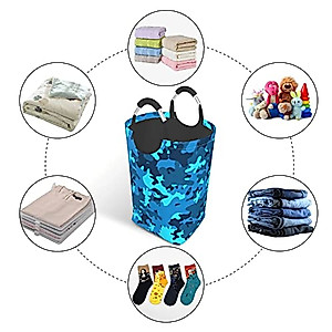 Foldable Square Laundry Hamper Blue Camouflage Portable Folding Washing Bin Waterproof Collapsible Laundry Bag 50L Large Clothes Storage Basket with Handles for Home Bedroom