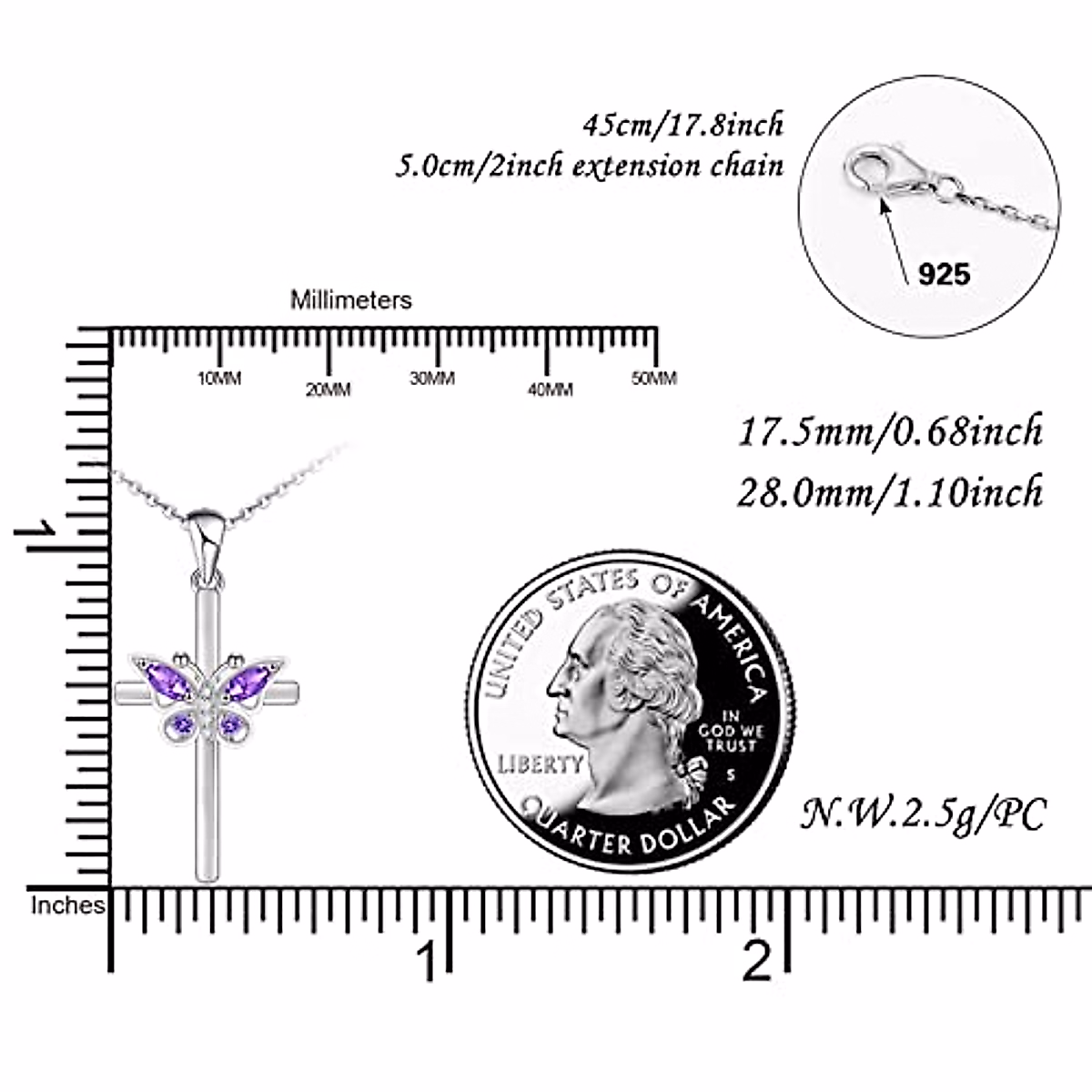 Distance Cross Necklace for Women 925 Sterling Silver Jewelry Pendant Necklace for Mom Wife Gift for Mother's Day or Birthday (Butterfly Purple Cross Necklace)