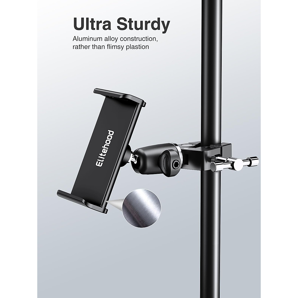 elitehood Metal iPad Mic Stand Holder, 360° Swivel Tilt Microphone Stand Phone Holder Mount, Aluminum Tablet Clamp Adapter for All Phone, iPad Pro 12.9/11, iPad, iPad Mini Air and More 4-12.9" Tablet