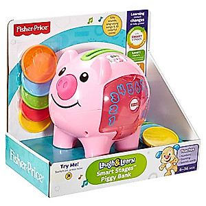 Fisher-Price Laugh & Learn Baby Learning Toy Smart Stages Piggy Bank With Music & Phrases For Infant To Toddler Ages 6+ Months