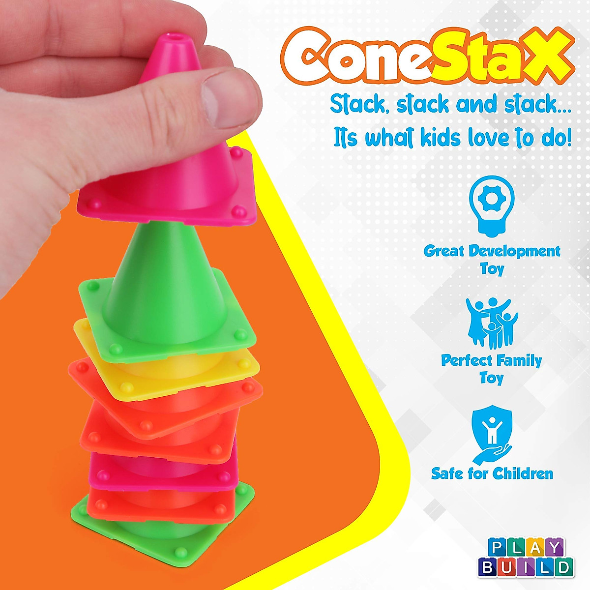 Play Build ConestaX Stacking Game - 48 Pcs Cones Balancing Stacking Toy - Fun STEM/STEAM Activity Games for Toddler - Educational Cone Stack Toys with Plastic Storage Container
