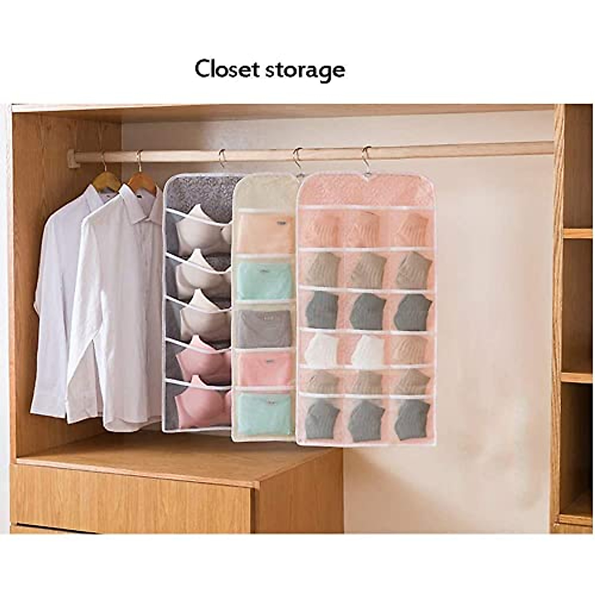 Dual Sided Hanging Closet Mesh Pockets Organizer for Underwear, Stocking, Bra and Sock (2 Packs, Grey: 12+24 Pockets; Pink：12+18 Pockets)