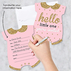 Big Dot of Happiness Hello Little One - Pink and Gold - Shaped Fill-In Invitations - Girl Baby Shower Invitation Cards with Envelopes - Set of 12