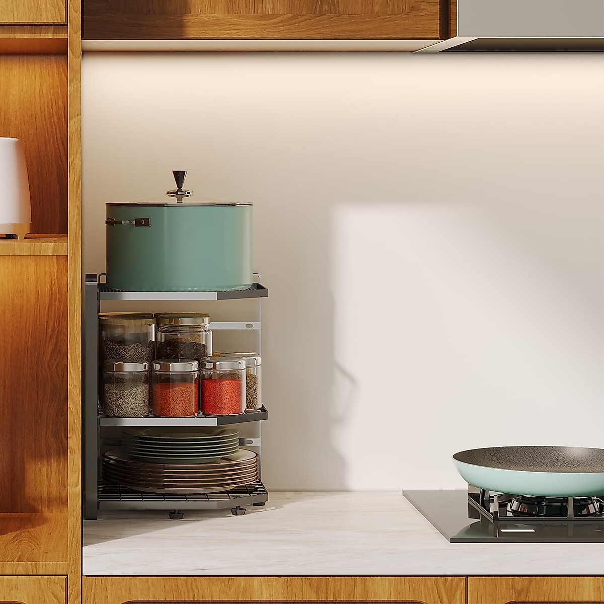 LUMAMU 2 Pack Stackable Corner Shelf Stand, Height Adjustable Cabinet Corner Rack, Countertop Shelf Organizers for Plates, Dishes, Cabinet & Pantry Kitchen Organization, Black