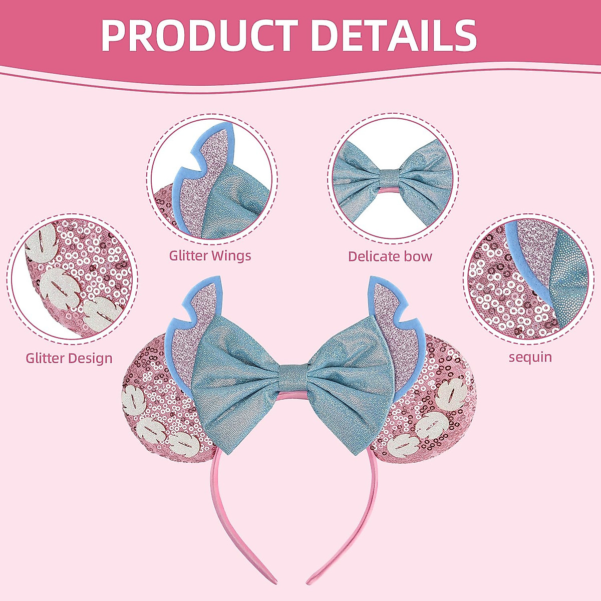 Seamoy Pink Stitch Headband, Minnie Ears, for Women Girls, One Size, Plastic, Nylon, Hairband, Unisex, 1 Count