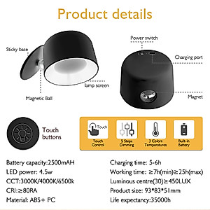 Okelon USB Rechargeable Wall Mounted LED Lamp Sconce with 3 Color Temperatures & 5 Light Brightness Levels,360° Rotatable Magnetic Ball & Remote Control for Reading Study Bedside