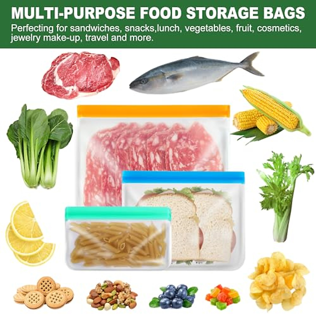 AURUZA Reusable Sandwich Bags Ziplock, Reusable Ziplock Silicone Bags Reusable Food Storage Bags, Zip Lock Freezer Bag Home Fridge Kitchen Organization Storage Lunch Meal Prep Sandwich Containers Set