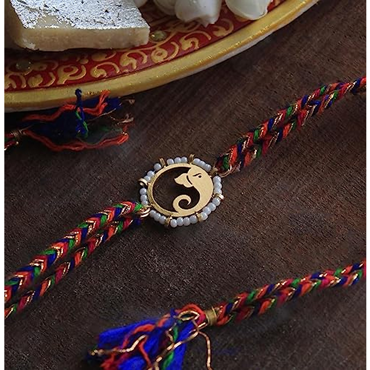 Abhika Creations Golden Beaded Divinity Rakhi for Brother Rakhsha Bandhan Handmade Designer Indian Rakhi