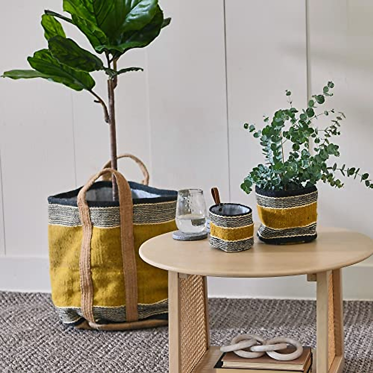 Main + Mesa Woven Jute Baskets with Liner, Black/Mustard, Set of 2 Sizes