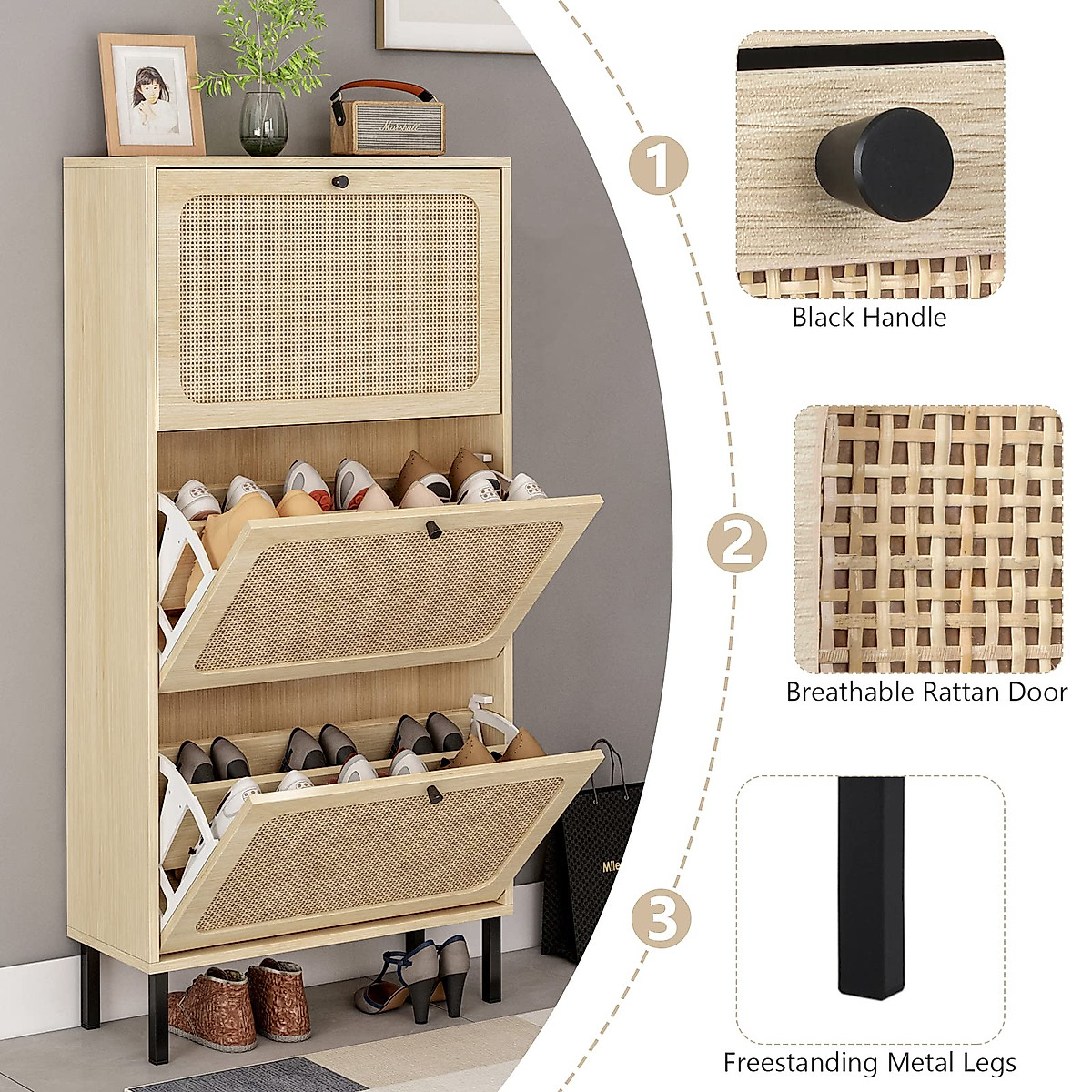Sweiko 3 Flip Drawer Shoe Cabinet Natural Rattan Shoe Cabinet Organizer Freestanding Wooden Shoe Rack Storage Cabinet with Metal Legs for Entryway Hallway Bedroom Mudroom