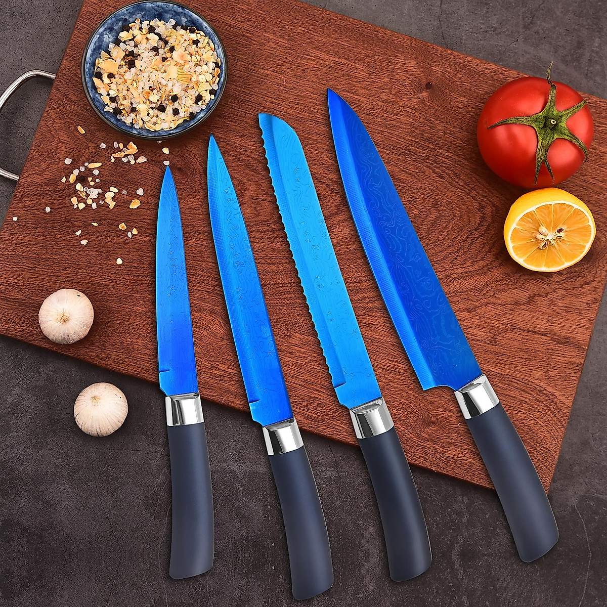 Knife Set, Kitchen Non Stick Knives Set with Block Thick Blade Cutlery Knife Block Sets with Sharpener 6pcs Steak Knife Shears Chef Sharp Quality Aluminum Alloy Block Blue Handle and Blade
