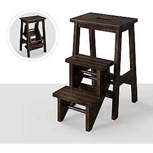GLACER 3-Tier Folding Step Stool, Portable Wood Step Ladder for Adults & Kids, 3-in-1 Storage Shelf Flower Rack Foot Stool, Ideal for Home, Kitchen, Library (Brown)