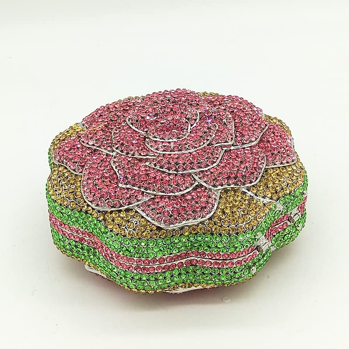 Boutique De FGG Rose Flower Crystal Clutch Women Evening Bags Formal Party Rhinestone Handbag Wedding Bridal Purse (Mini,Pink&Green)