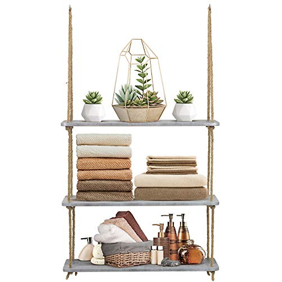 Sorbus Wood Hanging Shelf 3-Tier Rustic Wood Swing Storage Shelves Jute Rope Organizer Rack, Floating Display Shelves (Grey)