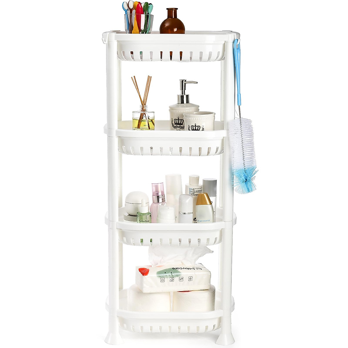 Okllen 4 Tier Shower Organizer Stand, 14"Lx9.8"Wx32"H Standing Shower Caddy, Plastic Shower Storage Rack Stands Shelf Organizer for Bathroom, Bathtub, Shower pan, Bath Accessories, Kitchen Countertop