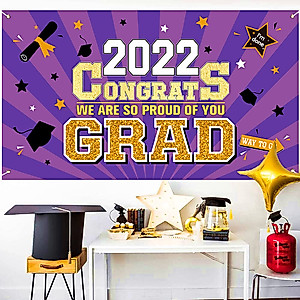Graduation Party Decorations 2022 Purple - Large 78” x 45” Congrats Graduation Banner Party Supplies - Class of 2022 Graduation Decorations for Any Schools or Gradesr Indoor/Outdoor Home Door Décor
