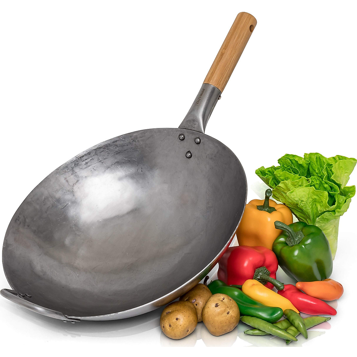 Chef's Medal Traditional Hand Hammered Carbon Steel Pow Wok with Bamboo and Steel Helper Handle - 14 Inch, Round Bottom