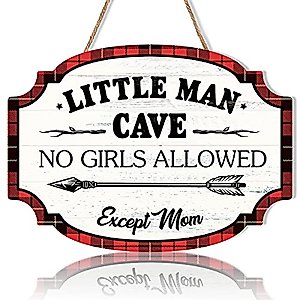 LHIUEM Little Man Cave Wooden Hanging Wall Sign,Red & Black Buffalo Plaid Woodland Door Sign Decor Wood Plaque,Boy Nursery Wall Decor For Toddlers Kids Baby Bedroom (8”X11”)