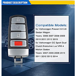 TG Auto 4 Buttons 315Mhz ID48 Chip Smart Keyless Entry Fob Remote Car Key For 2006-2014 VW VOLKSWAGEN VW Passat CC Sport Dual Clutch Executive FCC ID : NBG009066T
