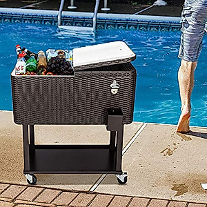 Goujxcy 80 Quart Qt Rolling Cooler Ice Chest Cart for Outdoor Patio Deck Party, Dark Brown Wicker Faux Rattan Tub Trolley, Portable Backyard Party Drink Beverage Bar Cooler,Brown